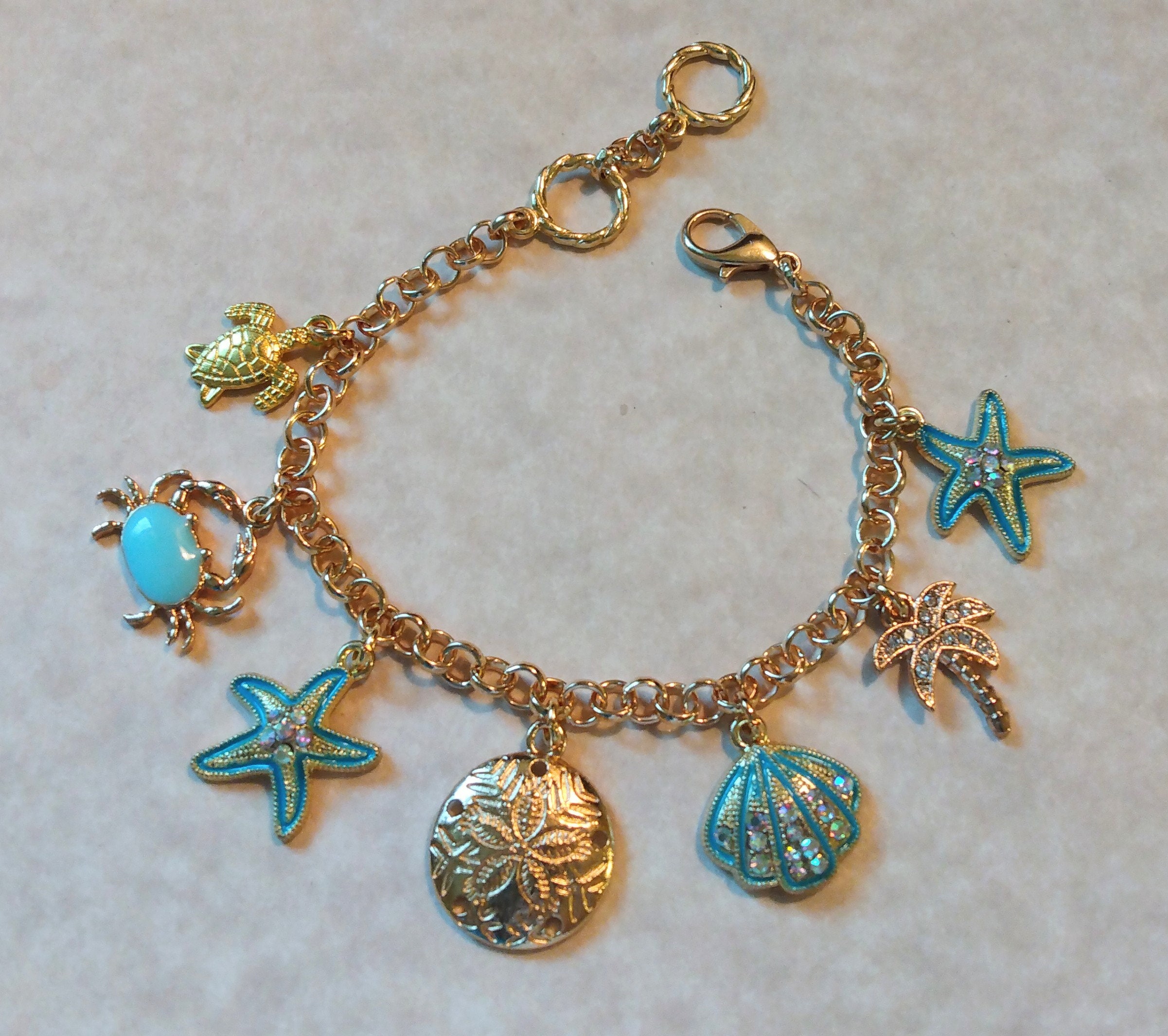 Gold and Blue Seashell Charm Bracelet, Gold Plated Sea Charm Bracelet ...