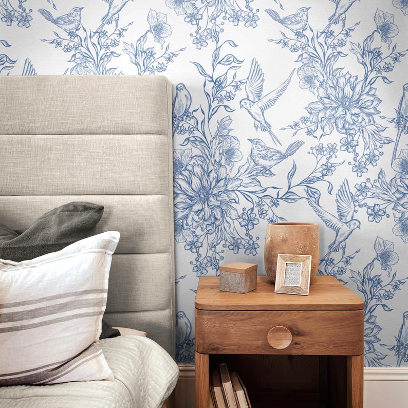Blue White Toile French Wallpaper, Premium Removable Peel Stick ...