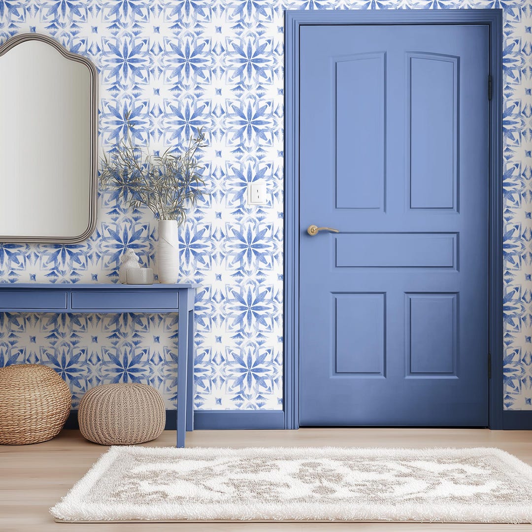 Moroccan Blue Tile Wallpaper, Floral Mediterranean Neutral Peel and ...