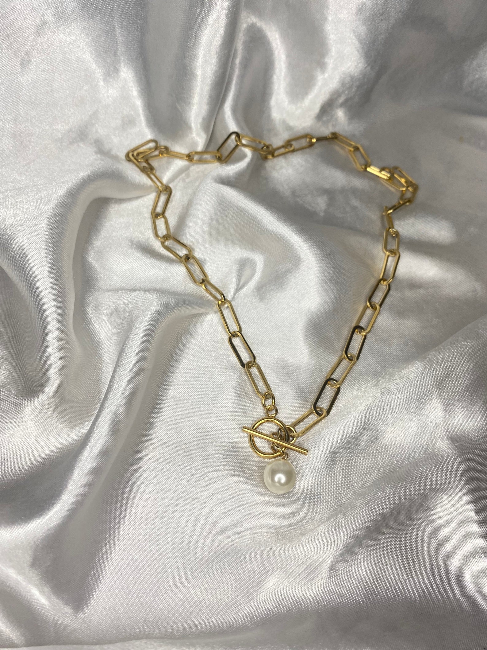 Gold Toggle Paperclip Chain Necklace With Pearl Stainless - Etsy