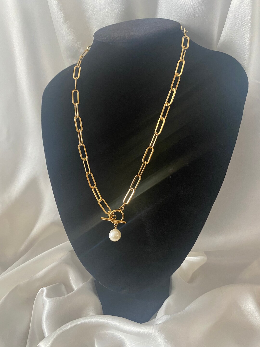 Gold Toggle Paperclip Chain Necklace With Pearl Stainless Steel ...