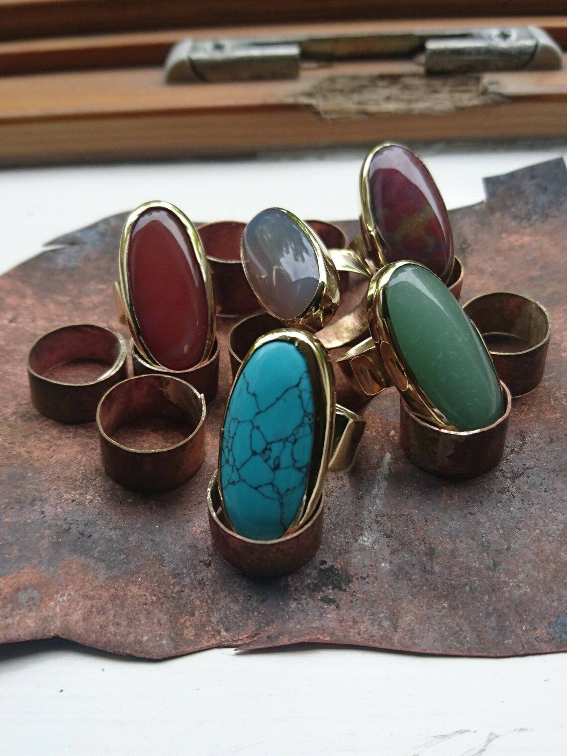 Topsy Long Oval Brass Statement Ring With Lepidolite Cabochon Gemstone ...