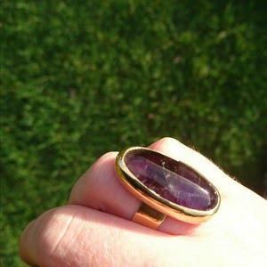 Topsy Long Oval Brass Statement Ring With Amethyst Cabochon Gemstone Re ...