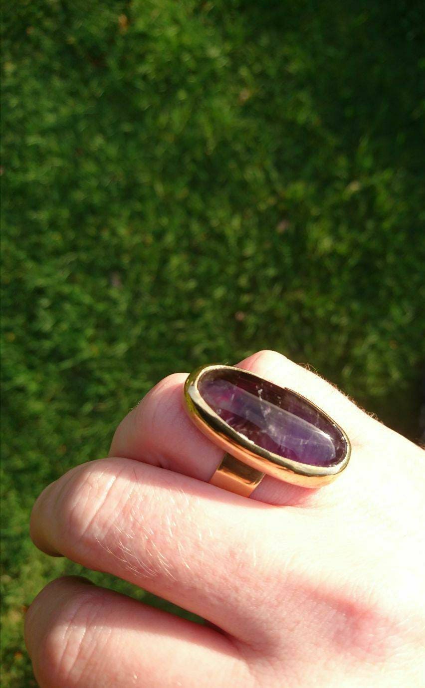 Topsy Long Oval Brass Statement Ring With Amethyst Cabochon Gemstone Re ...
