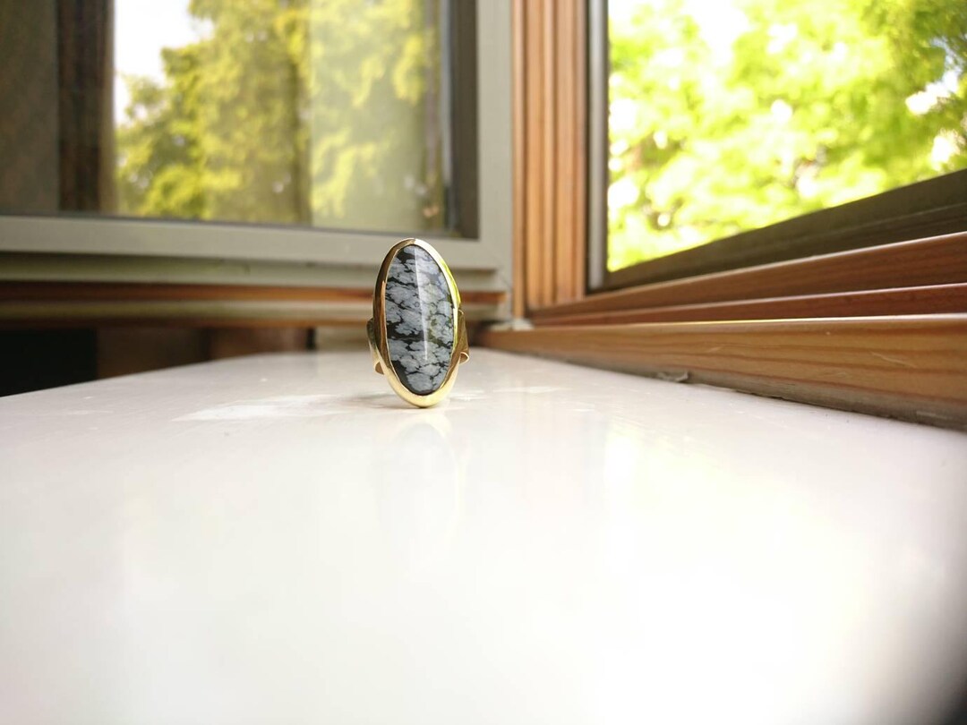 Topsy Long Oval Brass Statement Ring With Snowflake Obsidian Cabochon ...