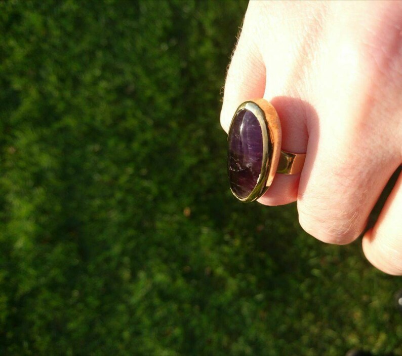 Topsy Long Oval Brass Statement Ring With Amethyst Cabochon Gemstone Re ...