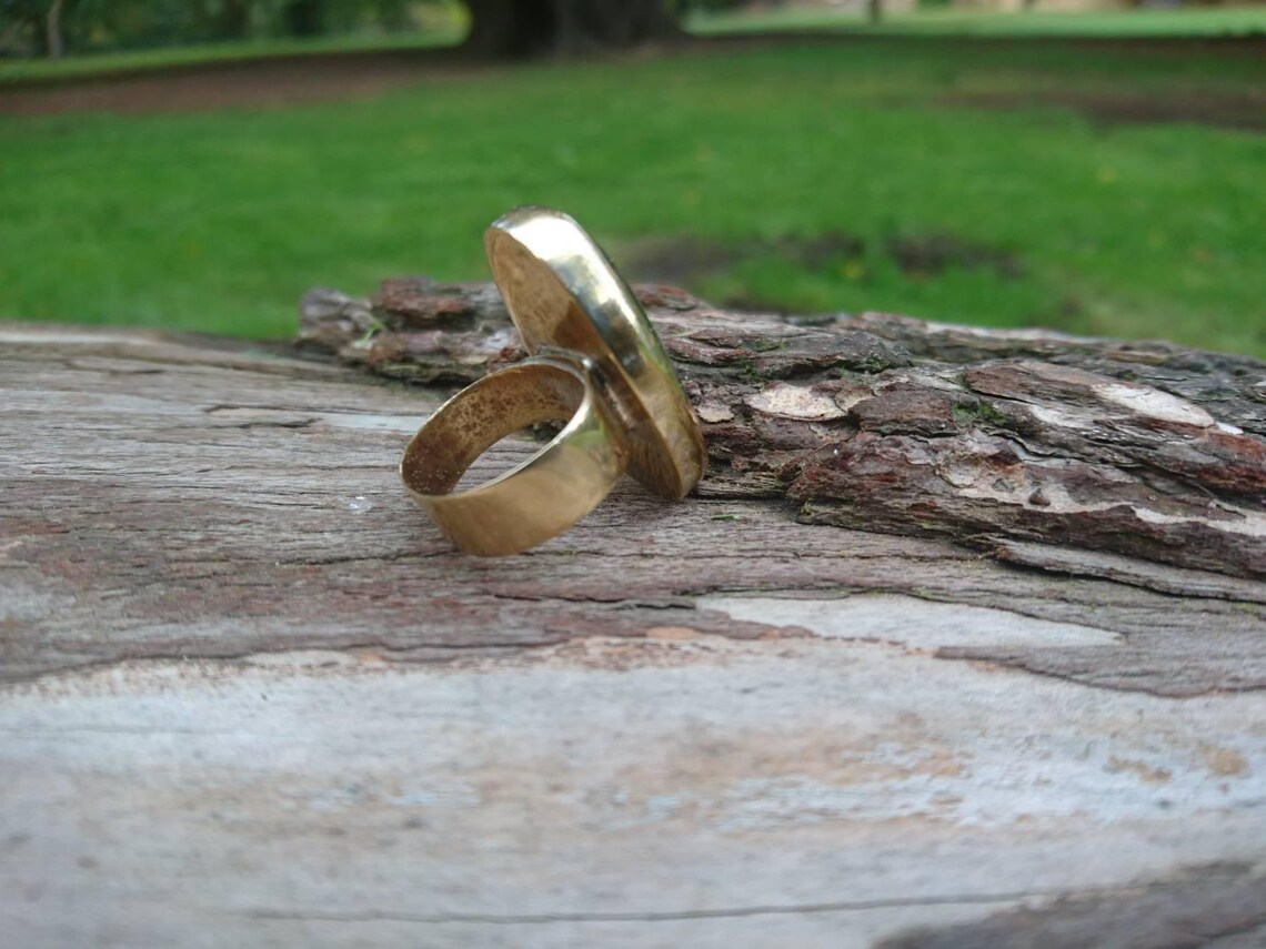 Topsy Long Oval Brass Statement Ring With Amethyst Cabochon Gemstone Re ...