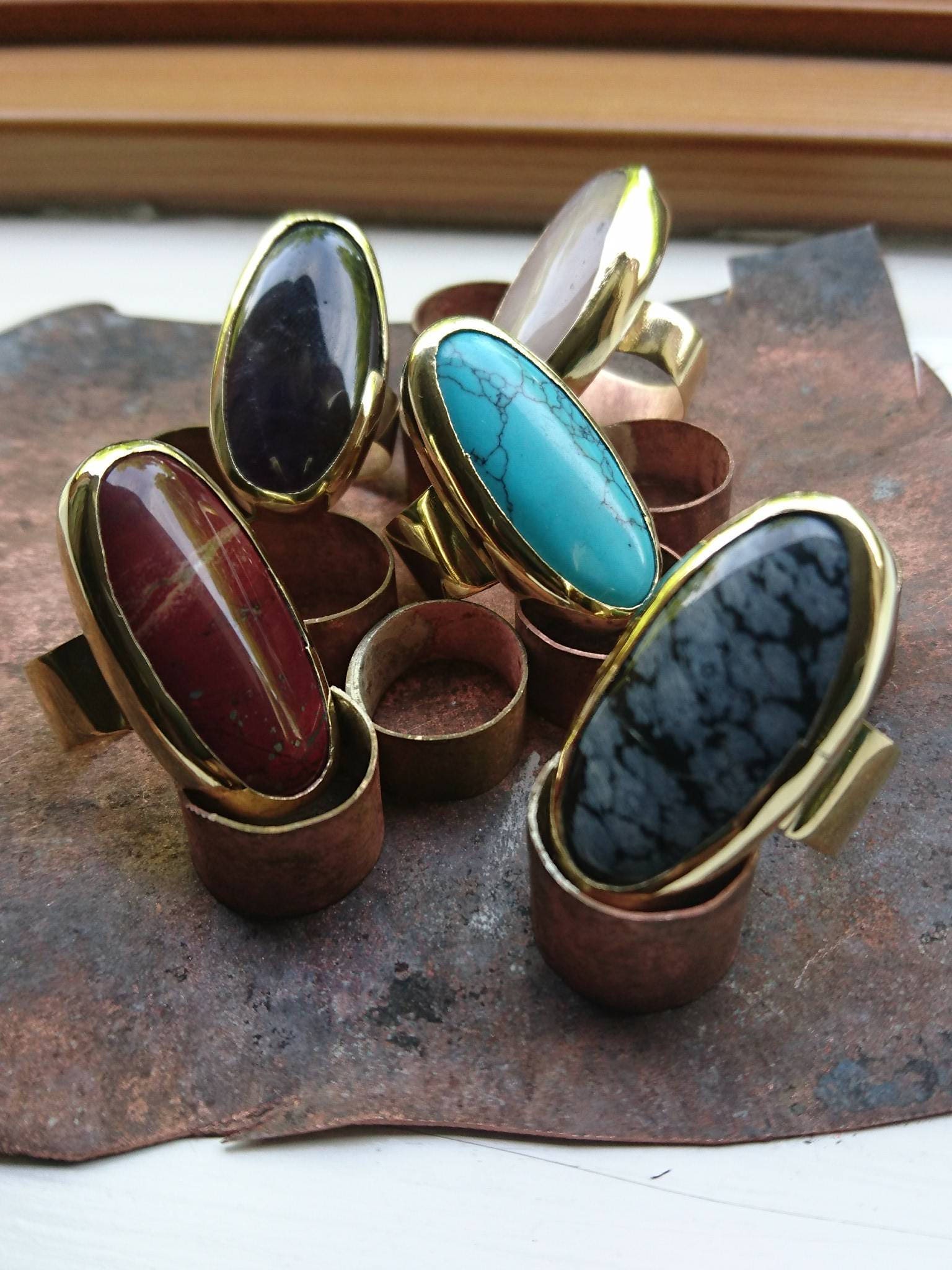 Topsy Long Oval Brass Statement Ring With Snowflake Obsidian Cabochon ...