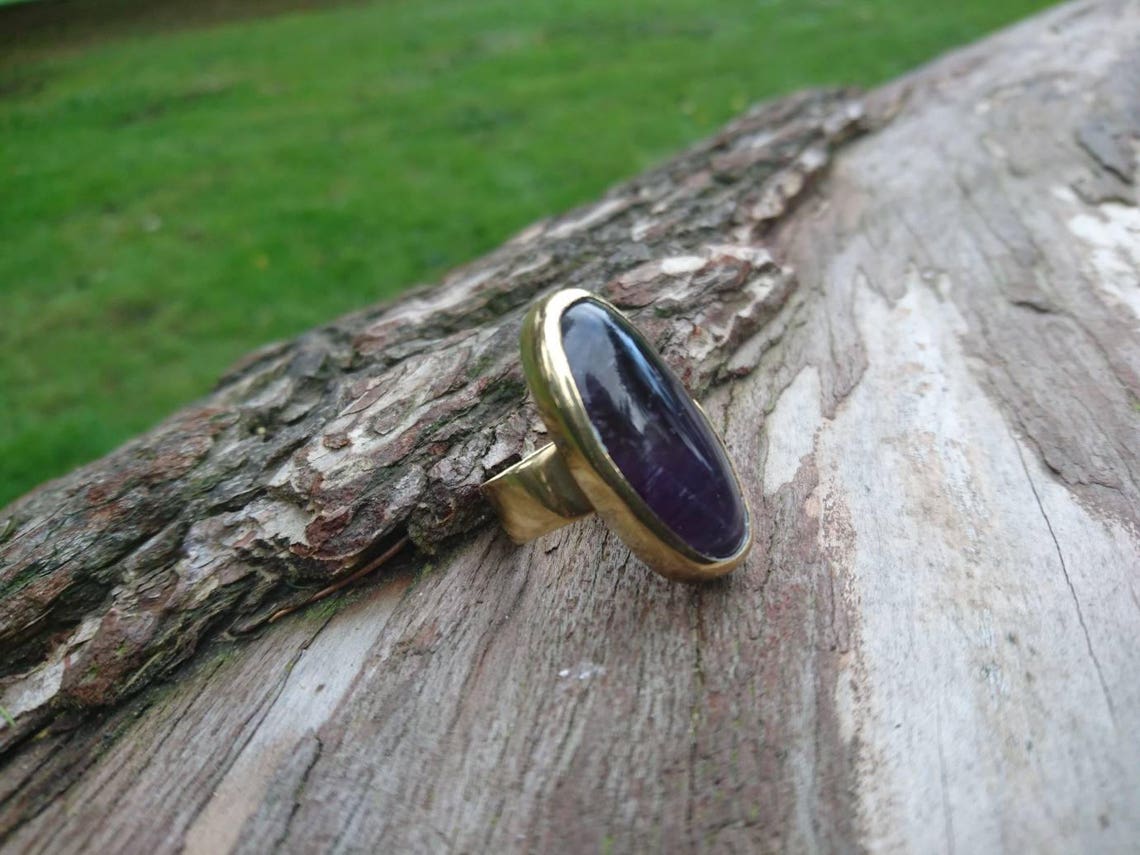 Topsy Long Oval Brass Statement Ring With Amethyst Cabochon Gemstone Re ...
