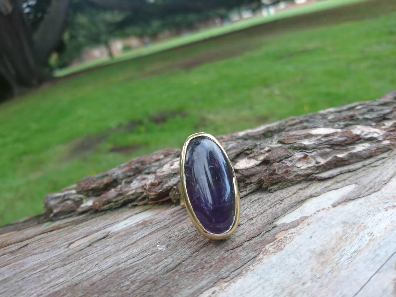 Topsy Long Oval Brass Statement Ring With Amethyst Cabochon Gemstone Re ...