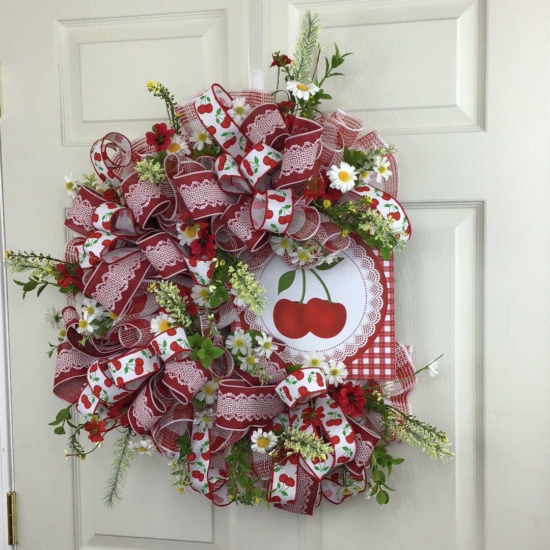 Seasonal Cherry Wreath, Cherry Wreath for Front Door, Farmhouse Welcome ...