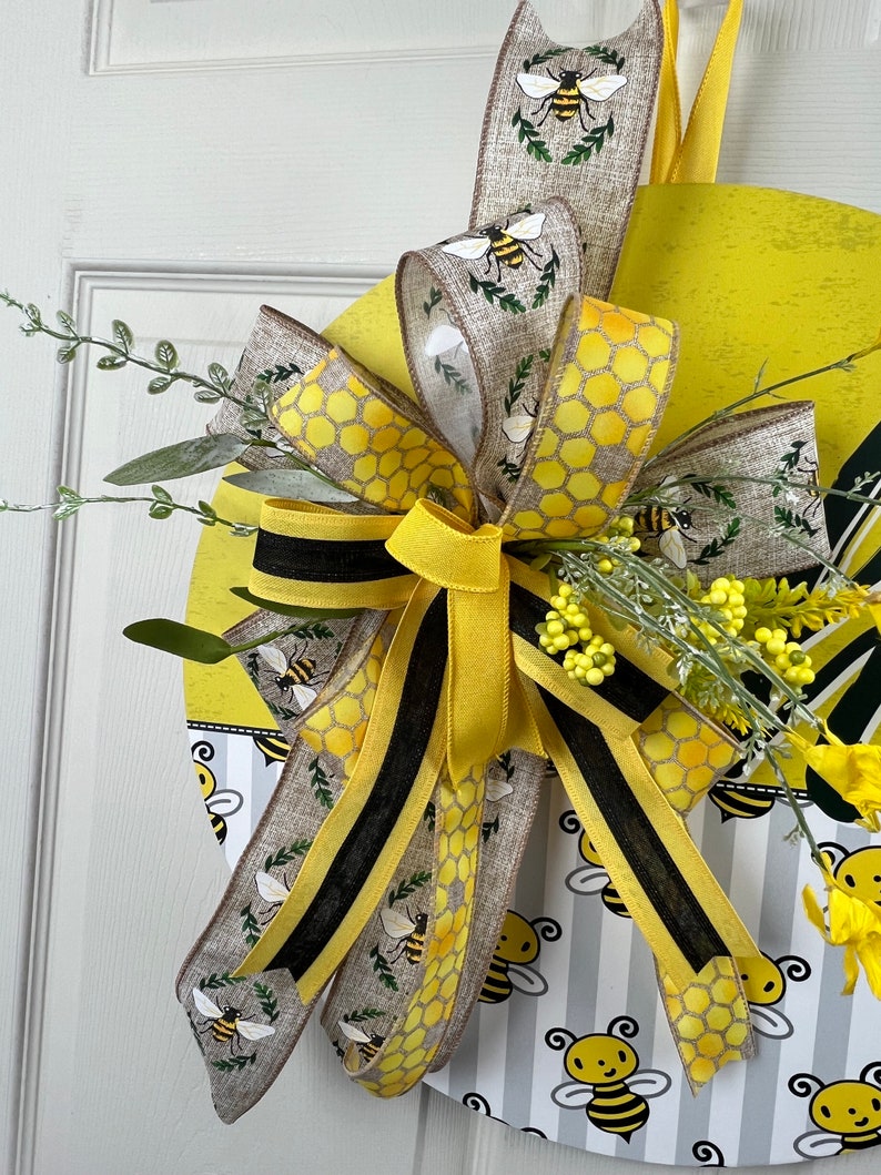 Charming Bee-themed Yellow and White Door Hanger With Floral Accents ...