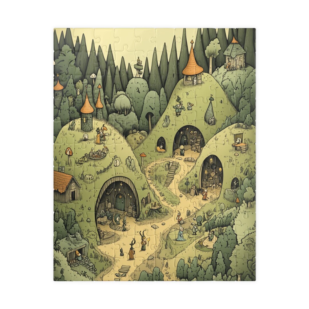 Jigsaw Puzzle of a Mini Cartoons on Green Hills and Trees Illustration ...