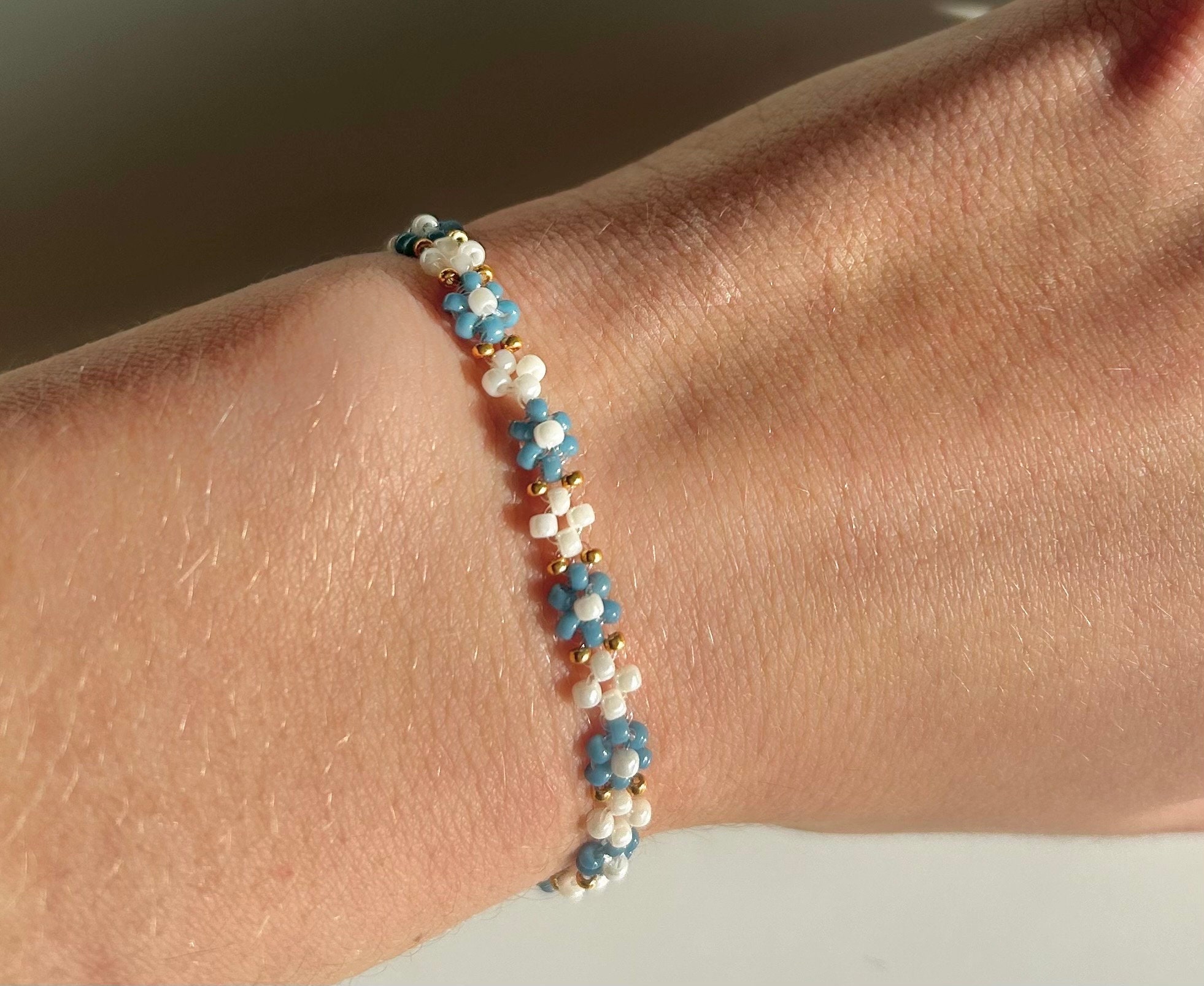Blue and Gold Flower Beaded Bracelet - Etsy