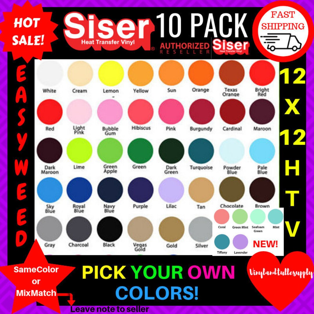 HTV Vinyl Sheets Bundle Pack, 12" X 12", 10 Sheets Pack, Heat Transfer ...