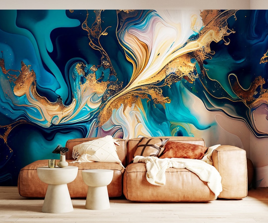 Marbled Wallpaper, Marble Wall Mural, Abstract Gold&turquoise, Peel and ...