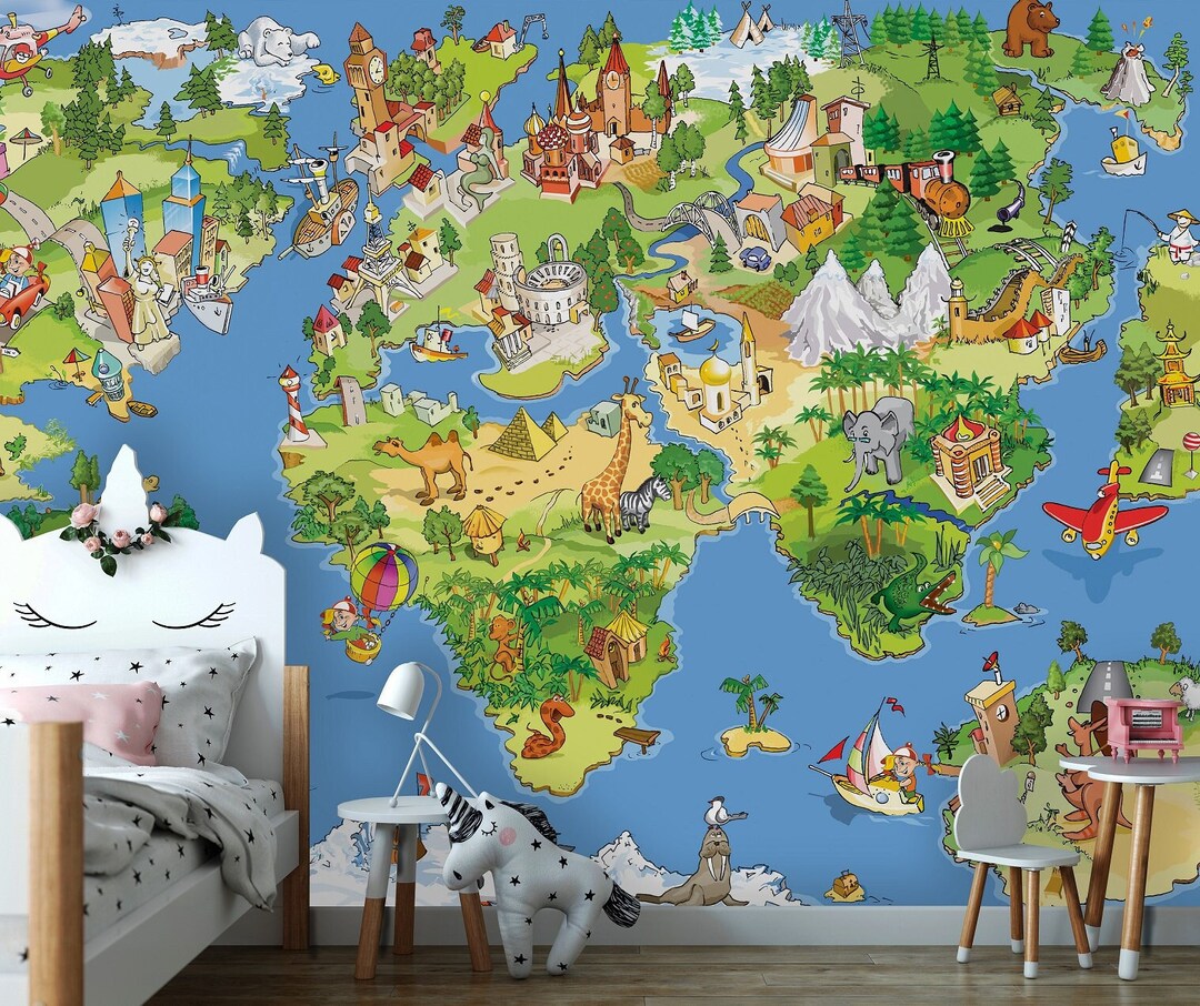 3D World Map Kids Wall Mural Travel Around the World - Etsy