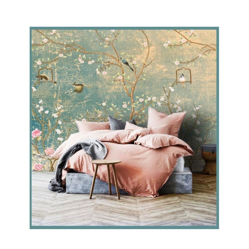 Verwisselbaar behang, vintage bloemen, vogels, groen en roze, vinyl ...