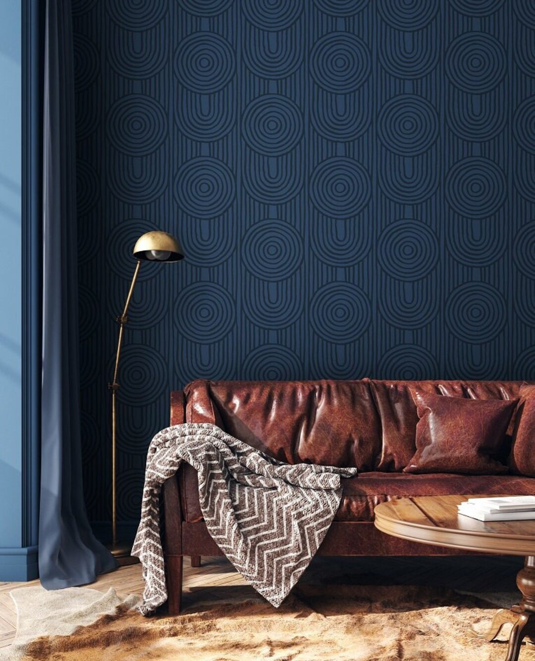 Circles Art Deco Wall Mural, Scandinavian Wallpaper, Blue Pattern, Self ...