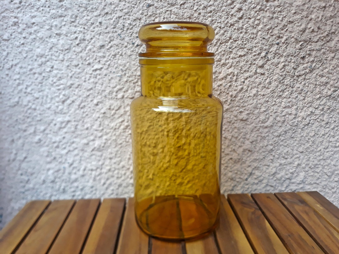 Vintage YELLOW GLASS JAR Container Vase With Lid for Storage ...