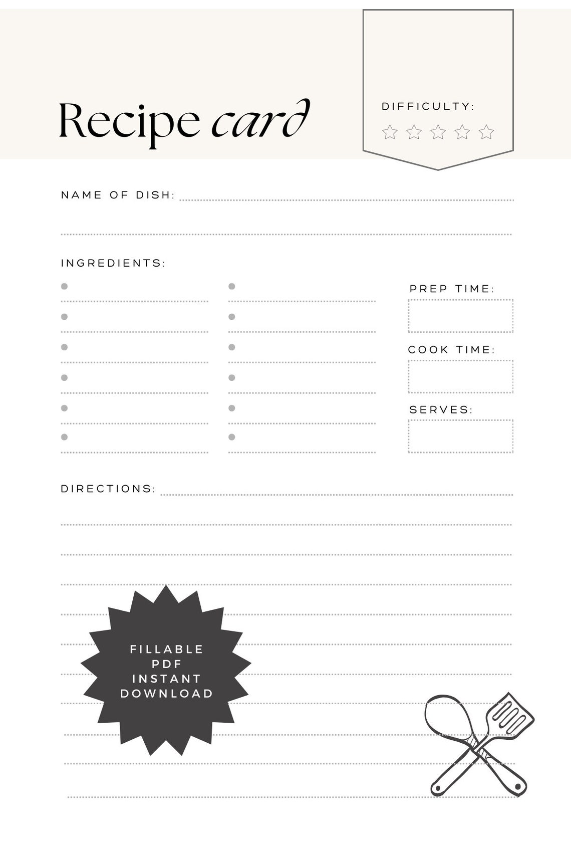 Printable 8.5 X 11 Recipe Page With Minimalist Design, Fillable Recipe ...