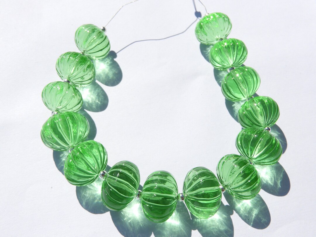14 Pcs Carved Melon Beads Peridot Green Quartz Carved Beads Size 18 ...