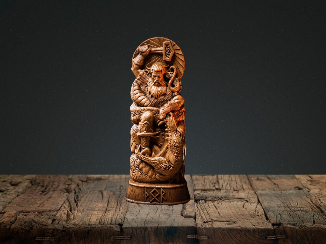 Statue of Thor, Mjolnir, Ragnarok, Scandinavian Gods, Wood Carving ...