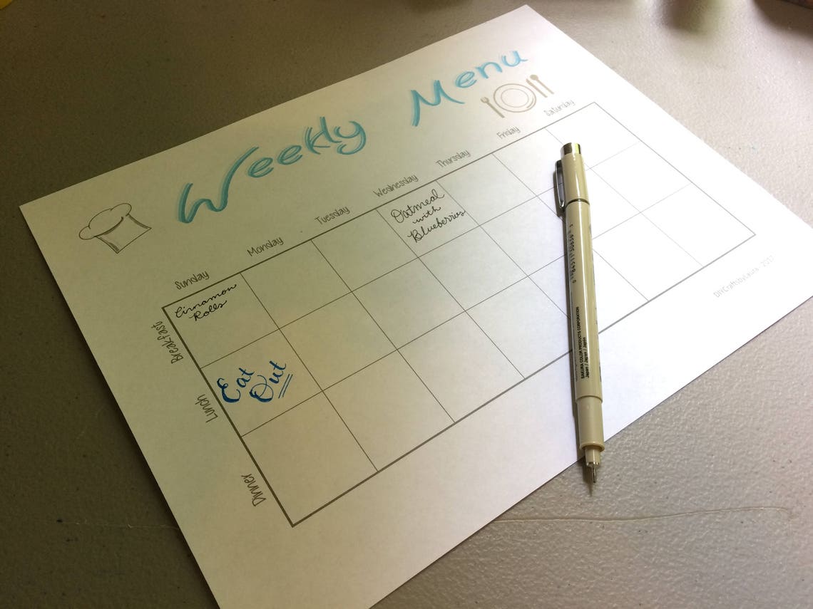 Fillable Weekly Menu Chart: Simple Meal Planner (PDF Download) - Etsy