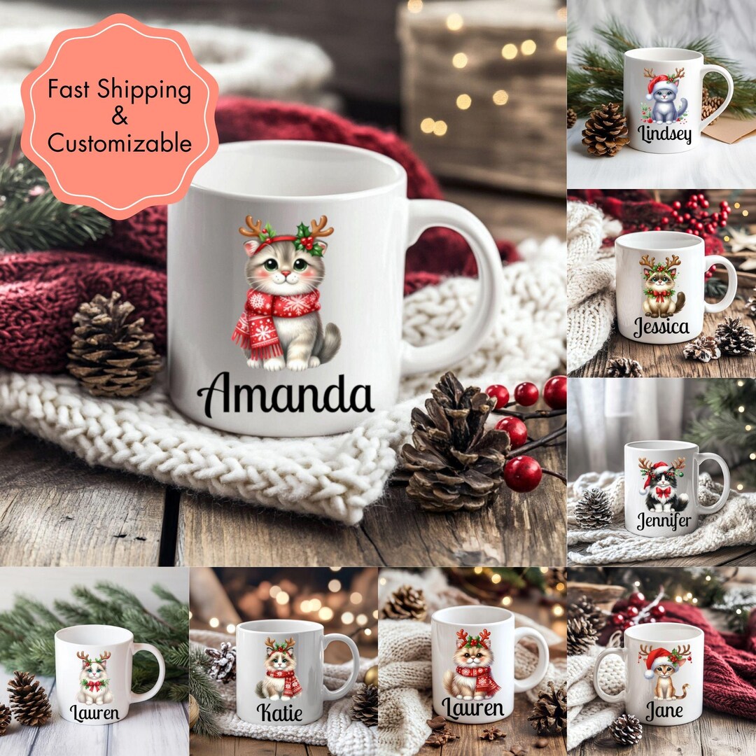 Personalized Christmas Cat Mug, 11oz and 15oz, Custom Hot Cocoa Mug ...