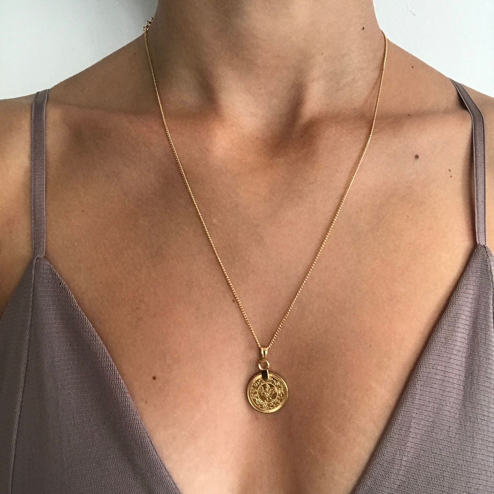 Delicate Disk 14k Gold Necklace, Dainty Gold Coin Pendant, Gold ...