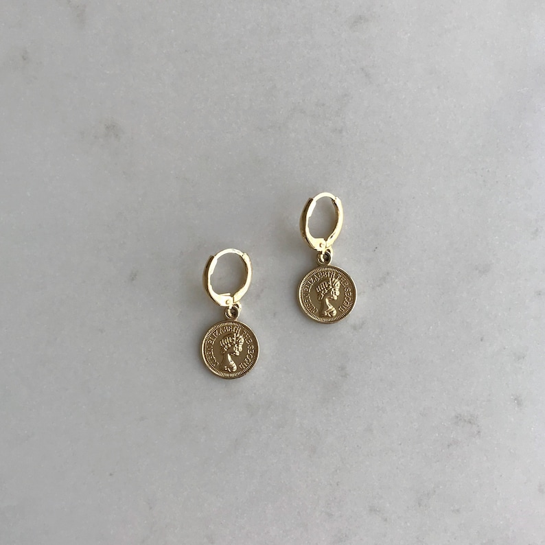 Gold Small Coin Earrings, Dangling Charm Hoop Earrings - Etsy Canada