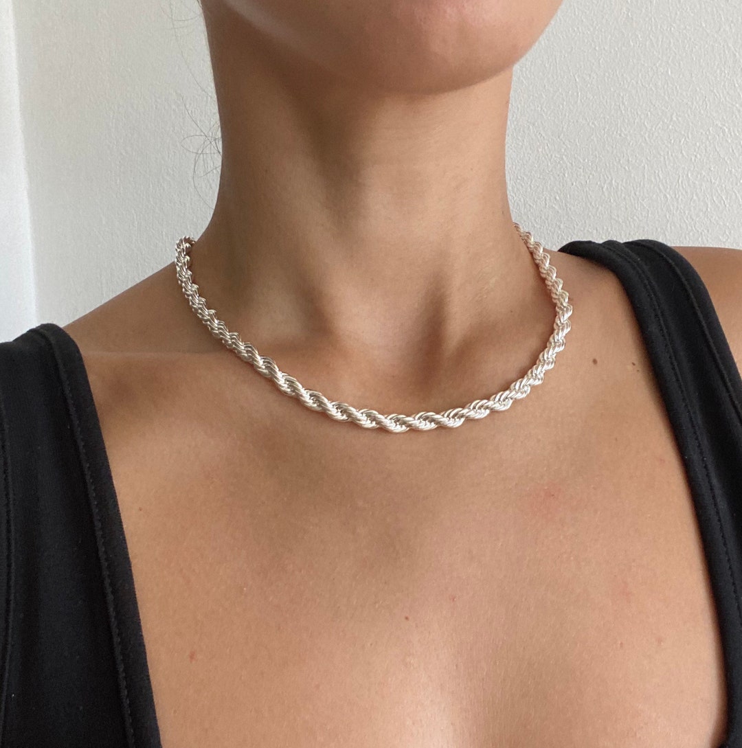 Silver Chunky Rope Chain Necklace, Statement Necklace, Silver Twisted ...