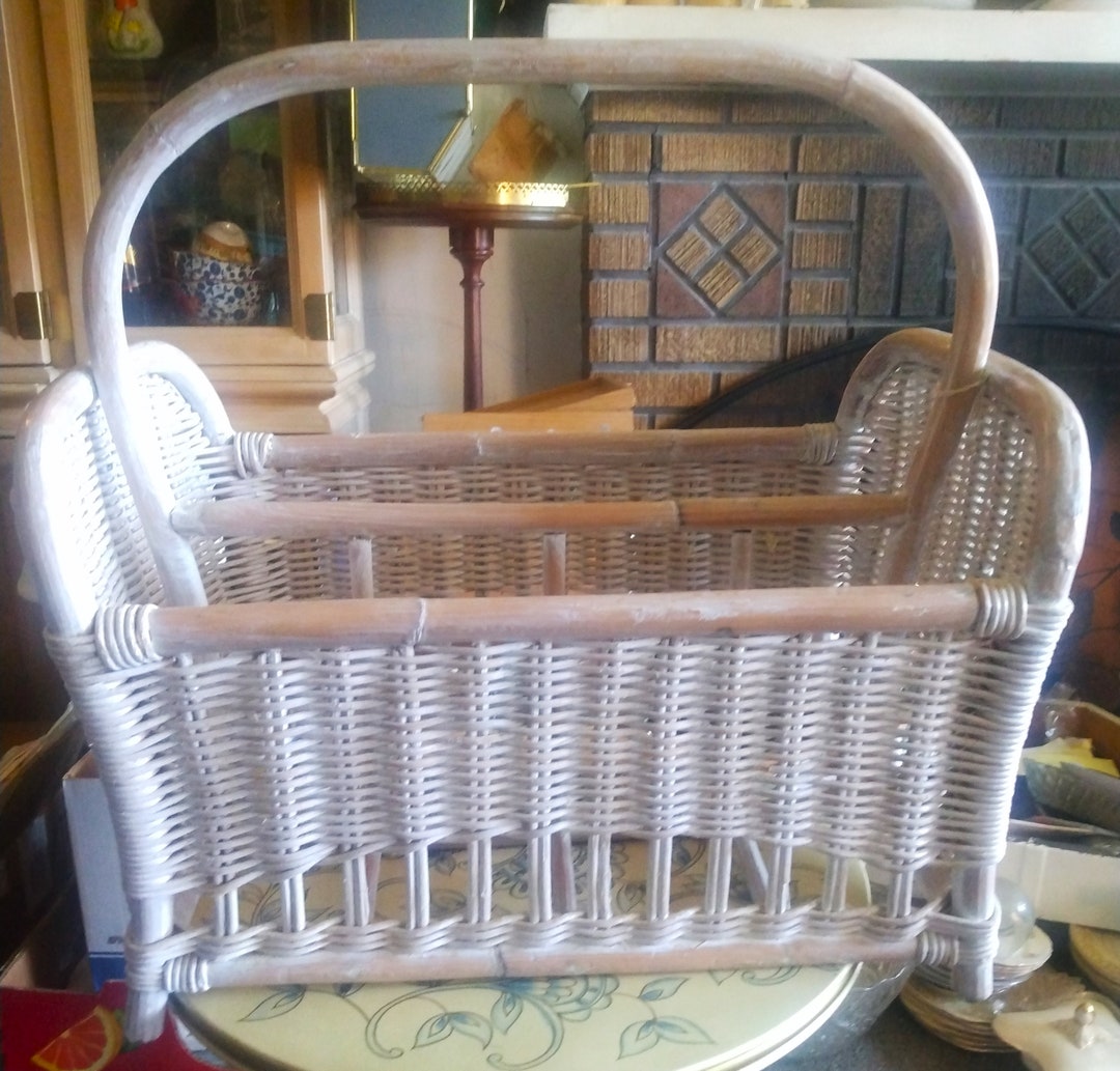 Vintage Rattan Magazine Rack Whitewashed Wood Rack, Bentwood Bamboo ...
