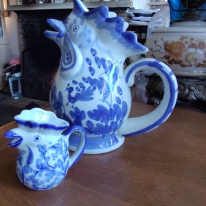 Artisan Blue and White Ceramic Rooster Pitchers Traditional Handmade ...