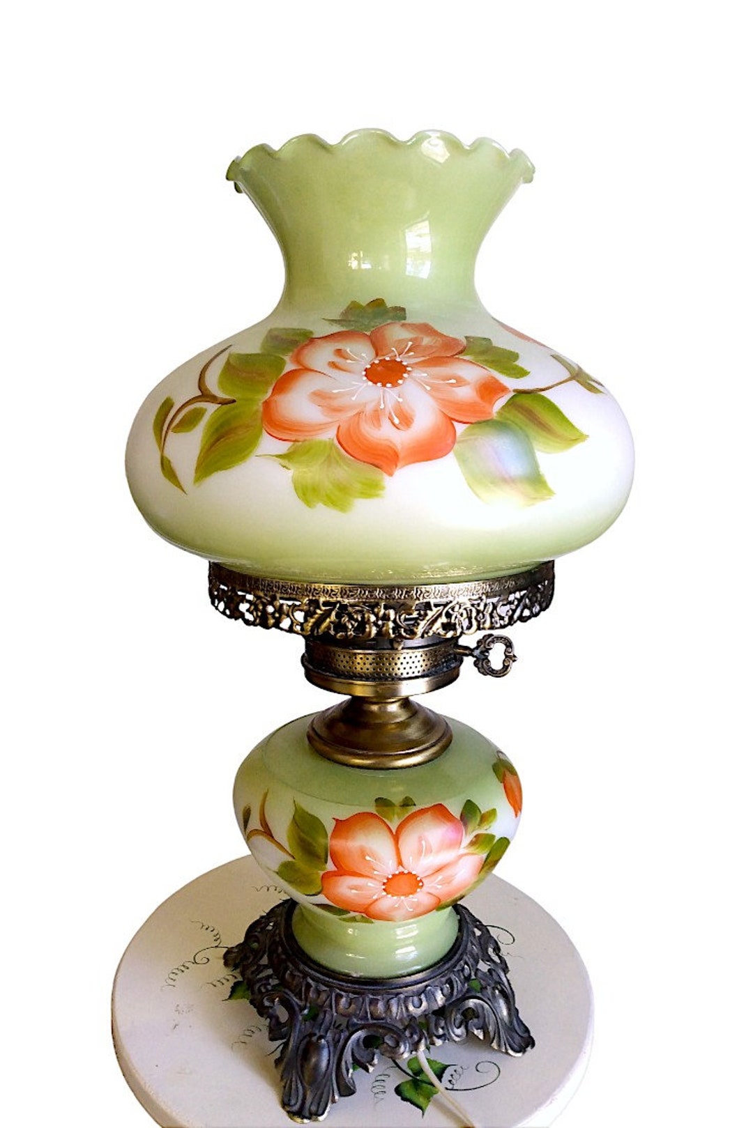 Antique Style Hurricane Gone With the Wind Lamp Hand Painted Floral ...