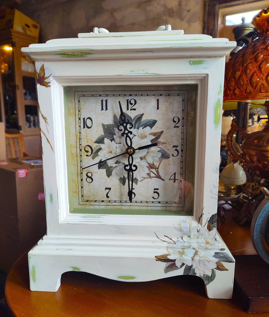 Shabby Chic Upcycled Clock Cottage Core Styled Mantel Clock With Floral ...