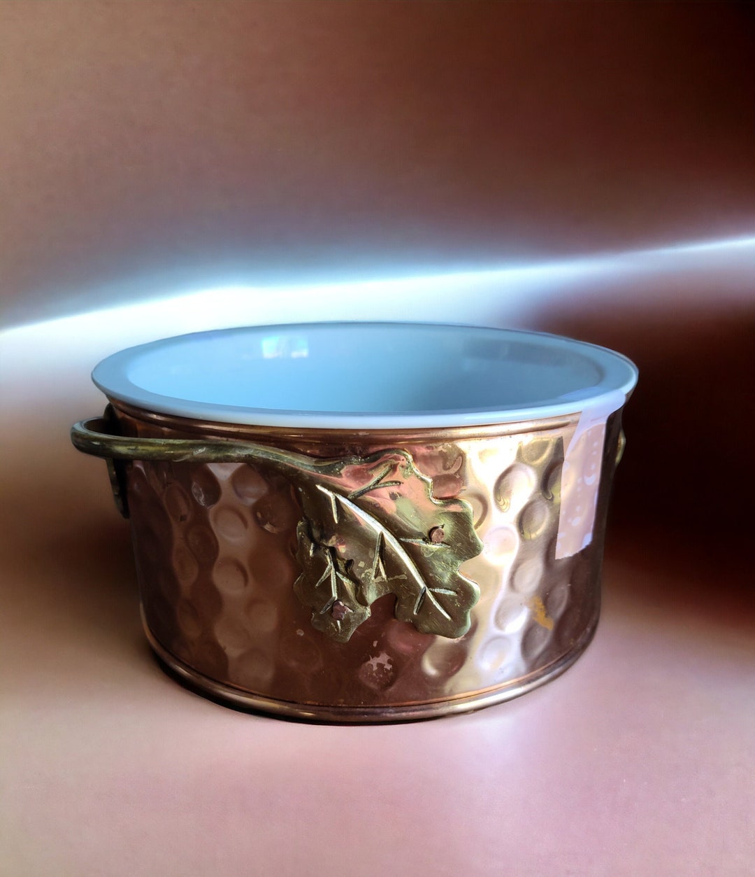 VINTAGE Hammered Copper Pot Ceramic Lining Artisanal Hammered Copper ...