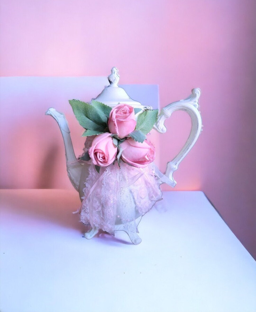 VINTAGE Inspired Recycled Teapot Antique-style Upcycled Pink Rose ...