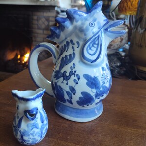 Artisan Blue and White Ceramic Rooster Pitchers Traditional Handmade ...