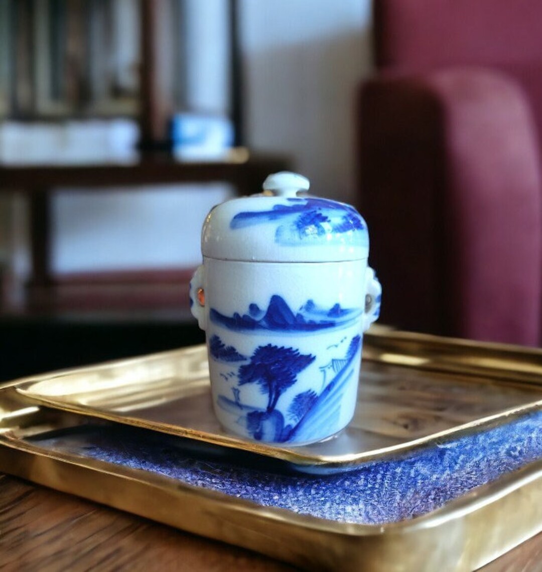 Blue and White Porcelain Tea Caddy With Landscape Scene Antique Blue ...