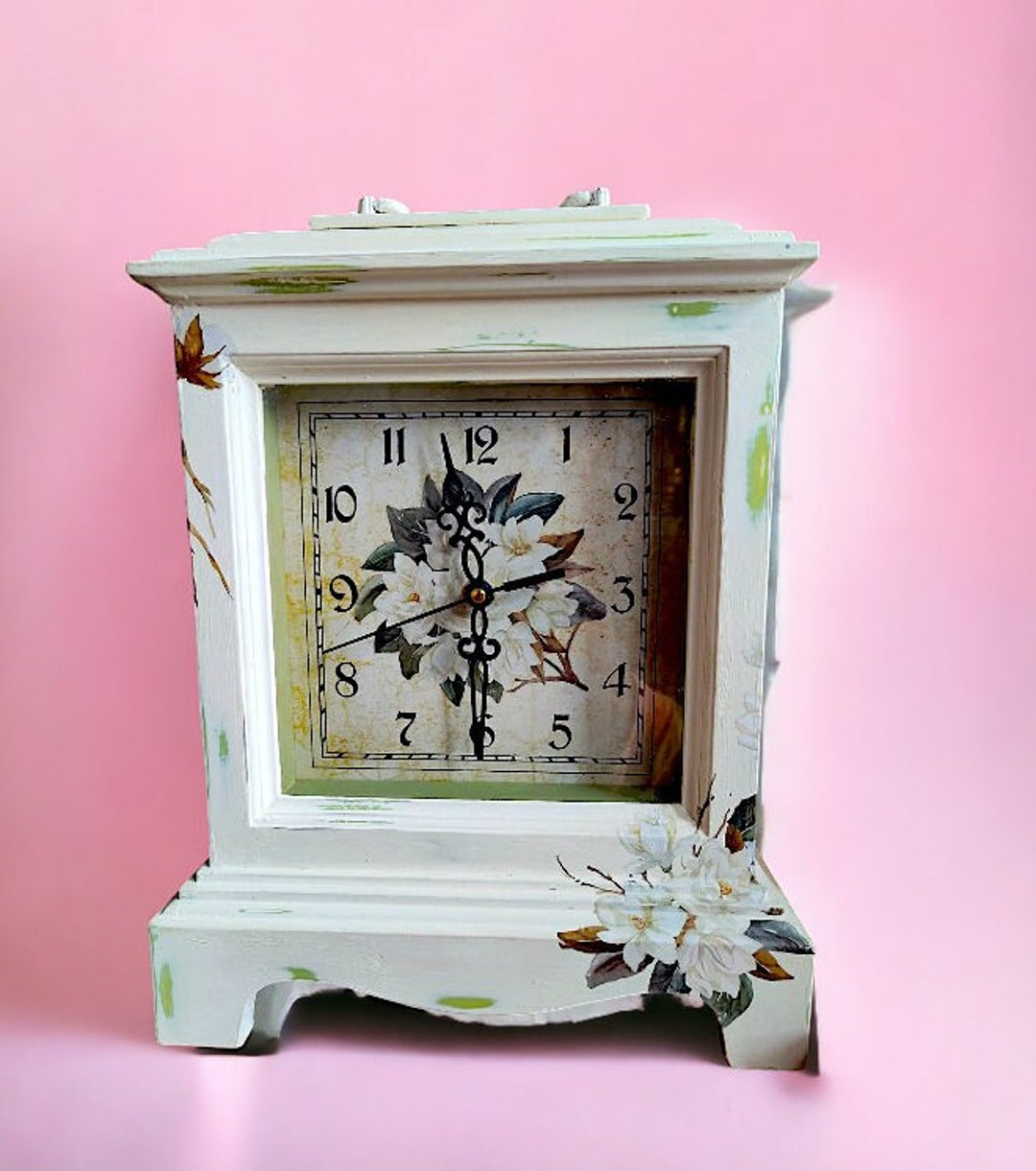 Shabby Chic Upcycled Clock Cottage Core Styled Mantel Clock With Floral ...