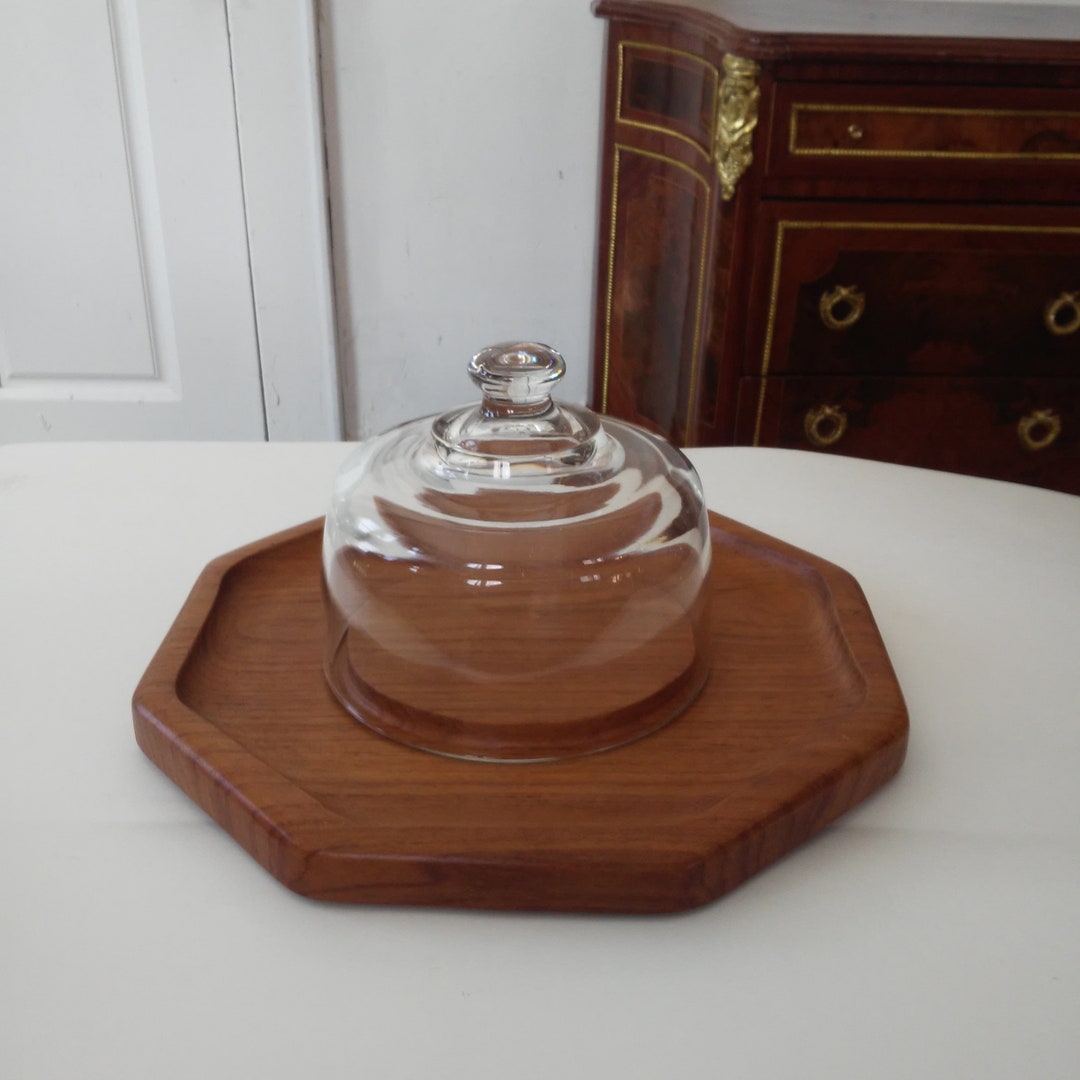 VINTAGE Teakwood Cheese Tray Domed Glass Cheese Tray Mid - Etsy