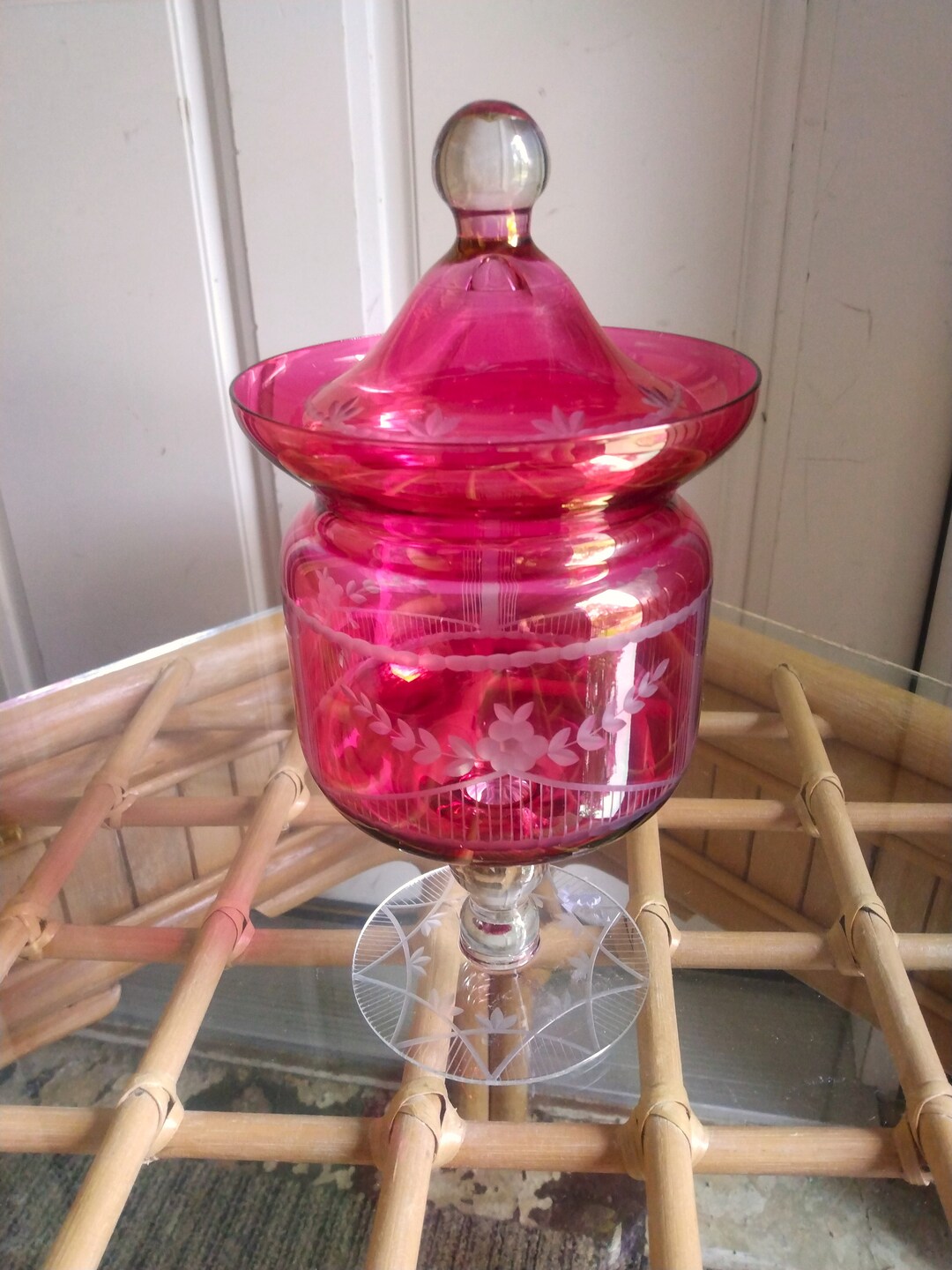 VINTAGE Ruby Flash Etched Glass Candy Dish// Pink Etched Glass Lid ...
