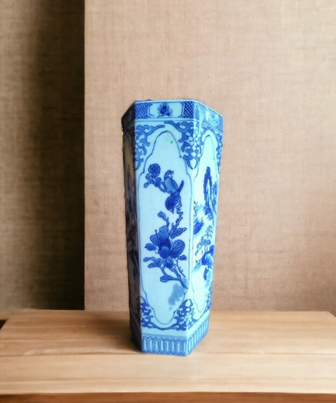 Tall VINTAGE Chinese Vase With Square Body Adorned With Bird Imagery ...