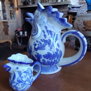 Artisan Blue and White Ceramic Rooster Pitchers Traditional Handmade ...