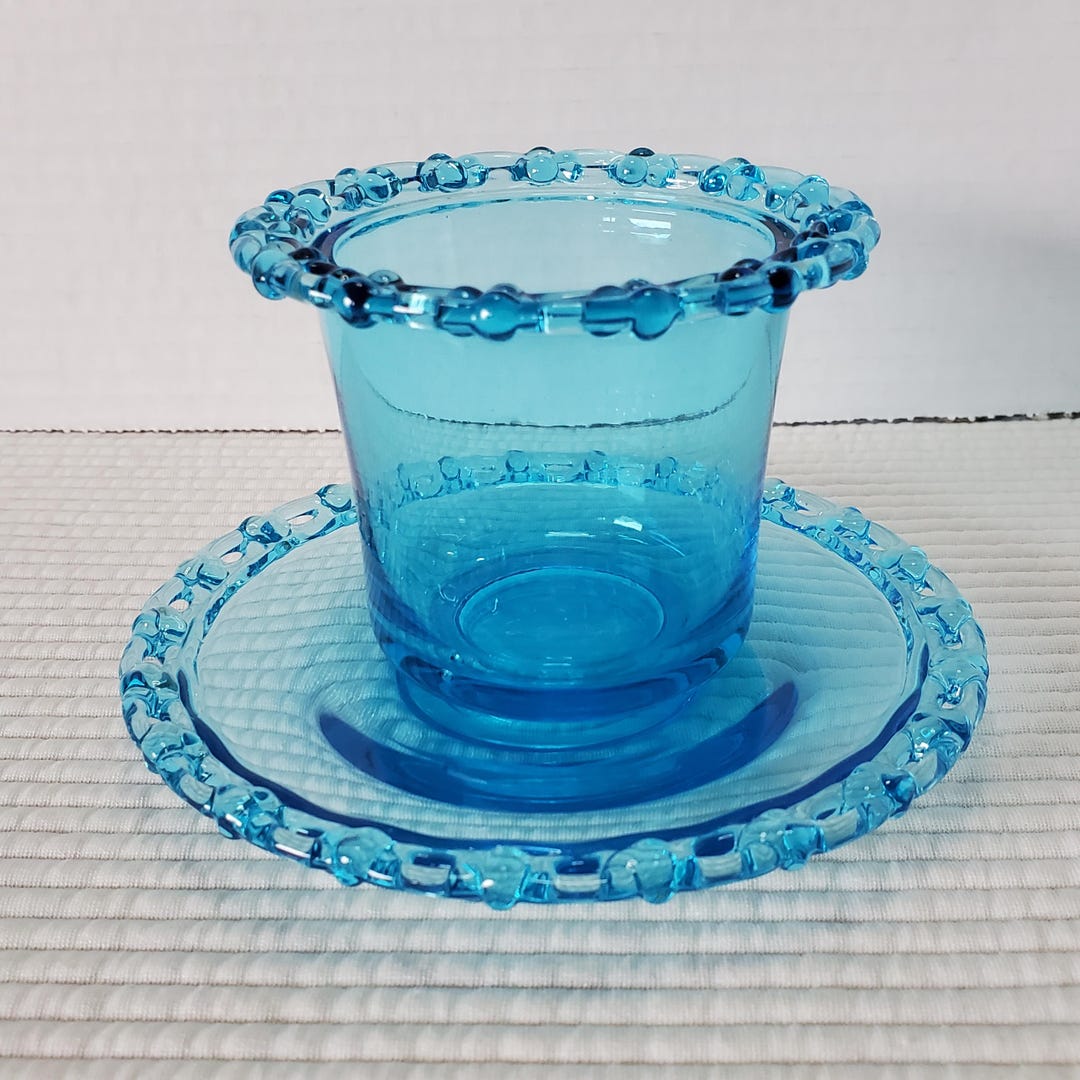 Votive Candle Holder With Plate Turquoise Blue Vintage Delicate Clear ...