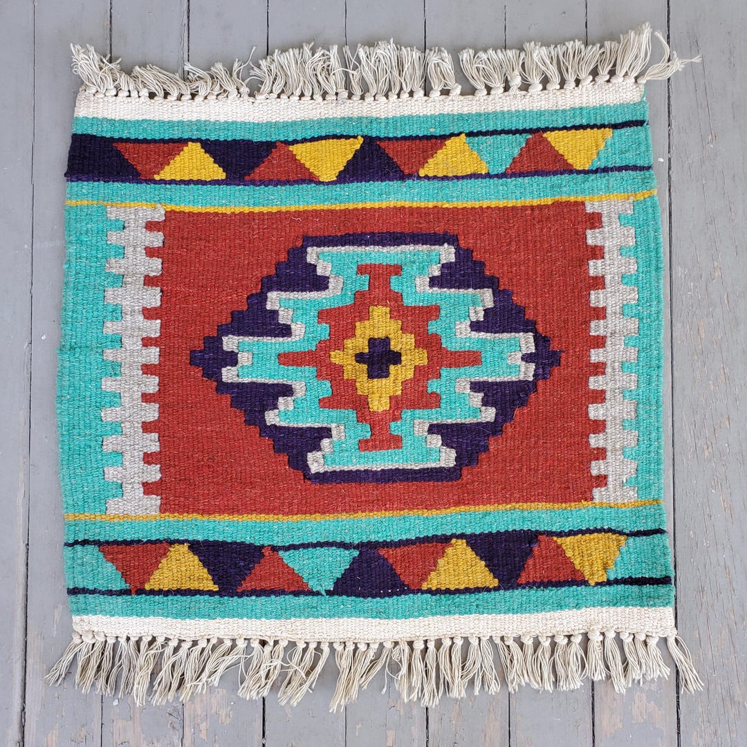 Southwestern Aztec Small Woven Rug Wall Hanging Vintage 24"x22" Tassels ...
