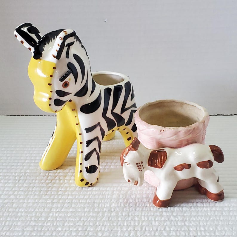 2 Planters Horse Zebra Pot Ceramic Small Vintage MCM 5.5