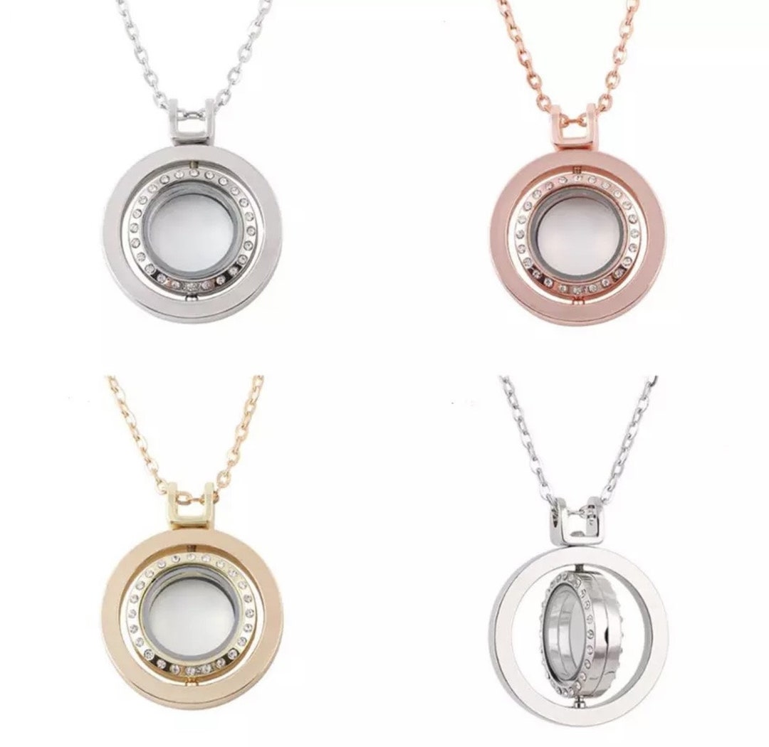 Floating Charm Rotating Locket Necklace & Pendants Round Rhinestone ...