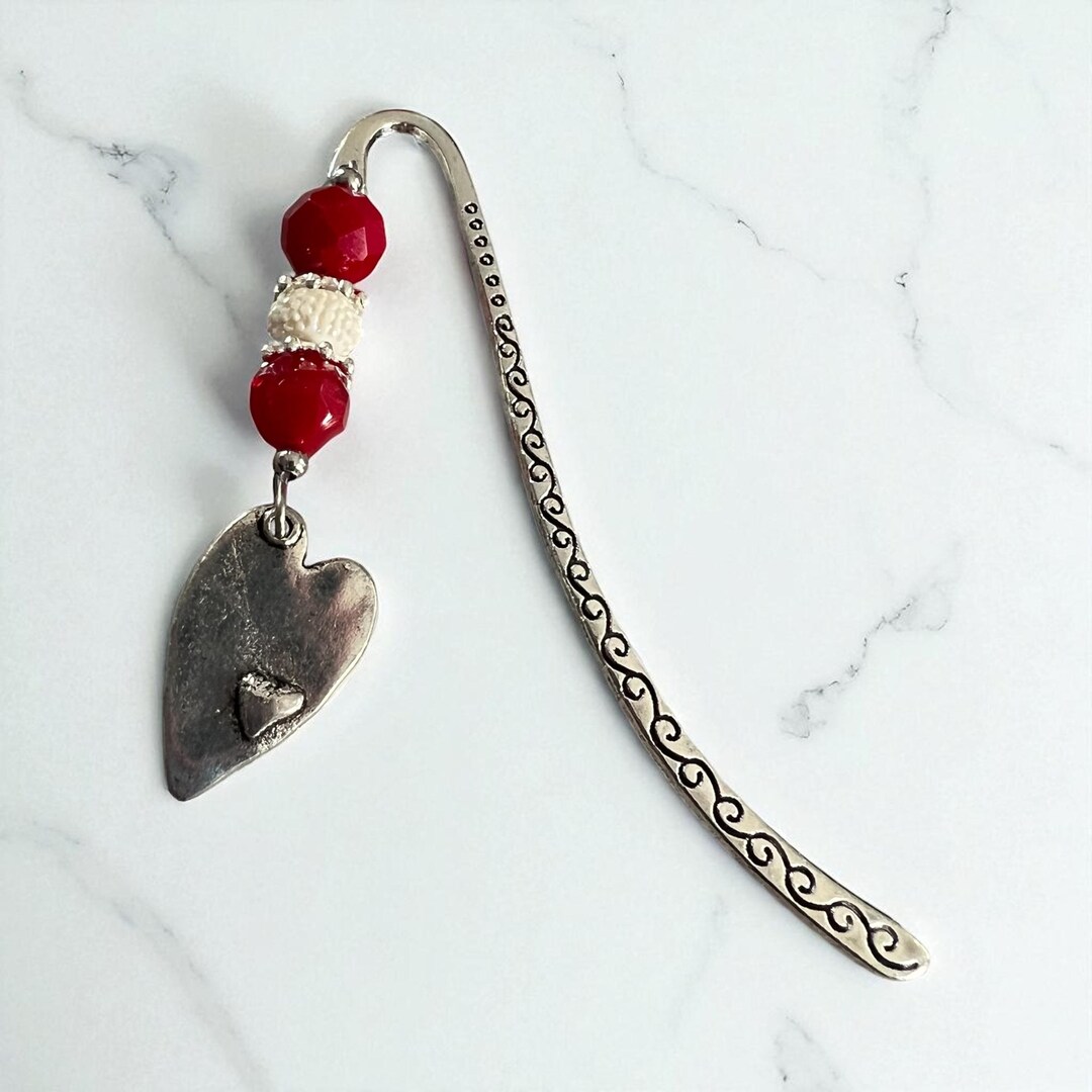 Silver Bookmarks Shepherds Hook Metal Book Mark Heart Charm Beaded - Etsy